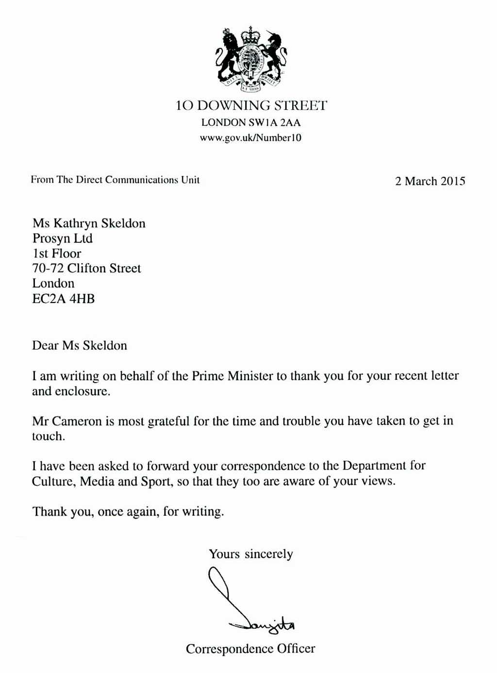 Letter to the Prime Minister